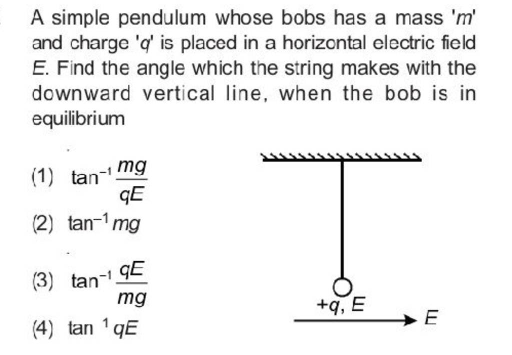 A simple pendulum whose bobs has a mass ' m ' and charge ' q ' is placed