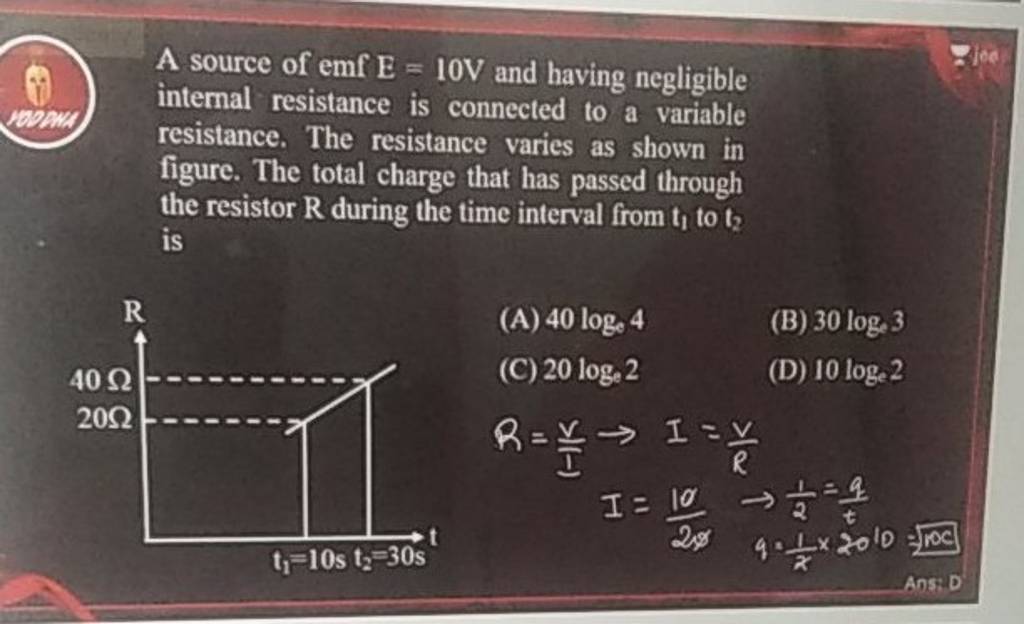 A source of emfE=10 V and having negligible internal resistance is connec..