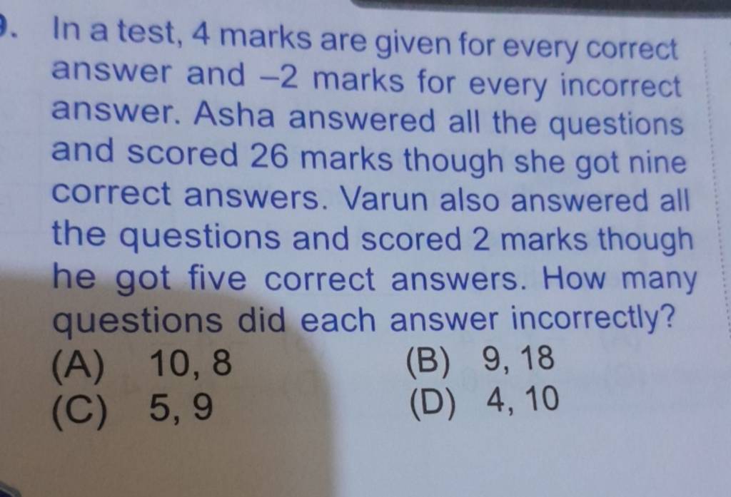 In a test, 4 marks are given for every correct answer and -2 marks for ev..