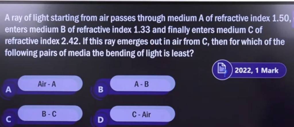 A ray of light starting from air passes through medium A of refractive in..