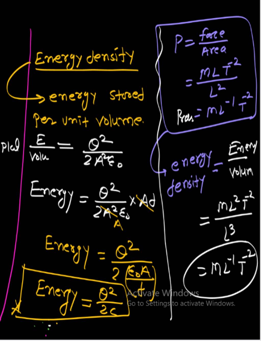 Energy density ⎩⎨⎧ P = Area fore =L2mLT−2 → energy stored per unit vo..