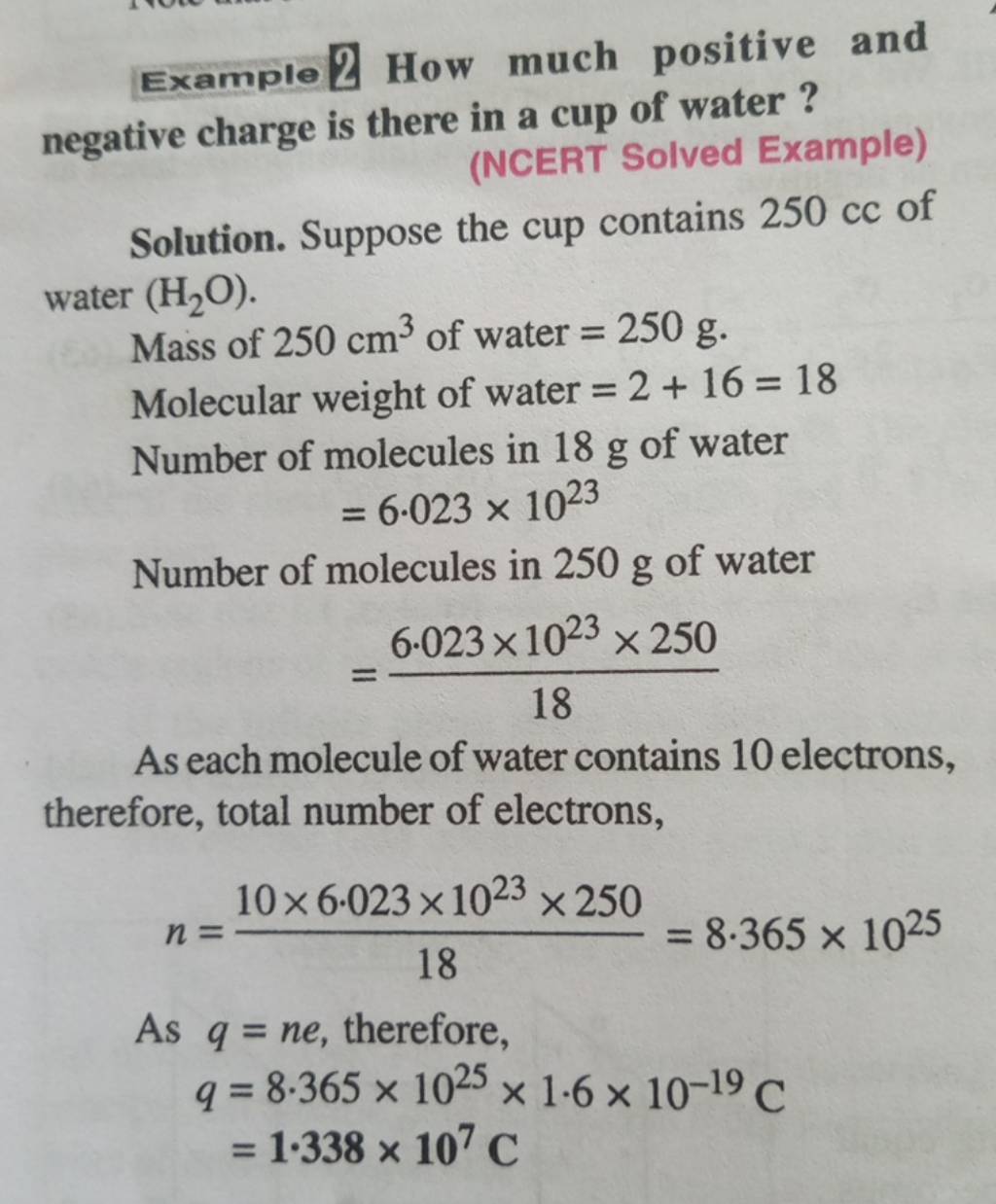 Example 2 How much positive and negative charge is there in a cup of wate..