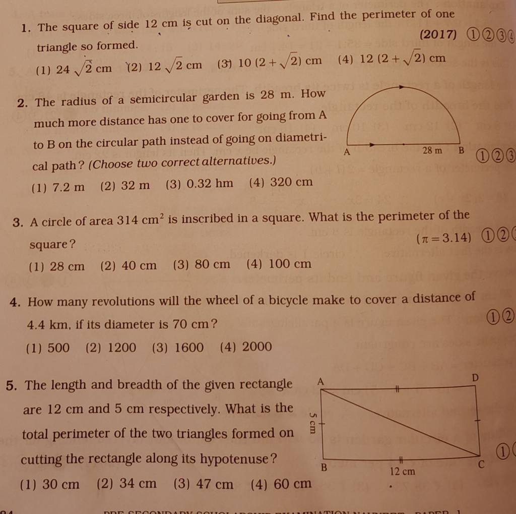 The square of side 12 cm is cut on the diagonal. Find the perimeter of on..