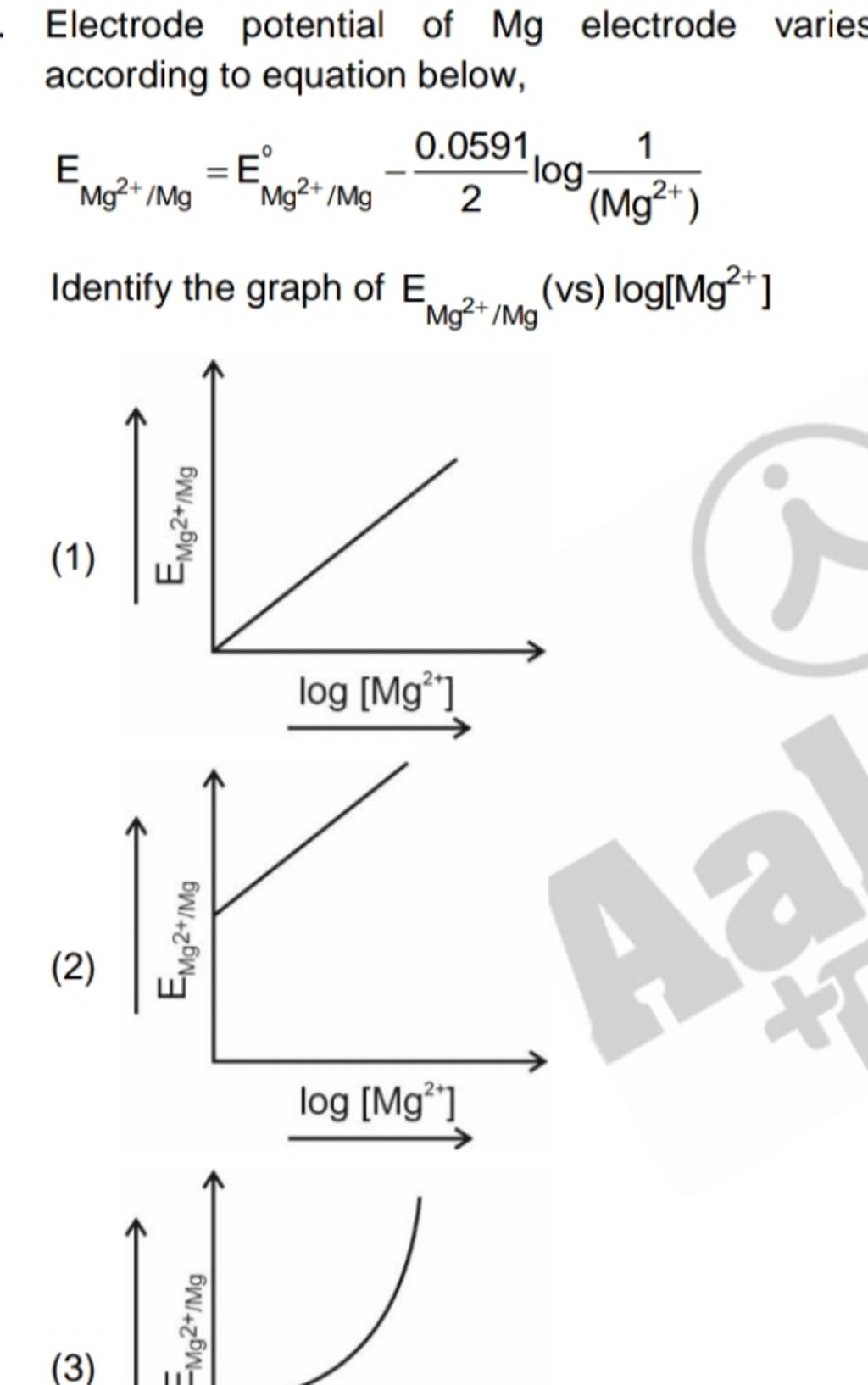 Electrode potential of Mg electrode varies according to equation below, E..