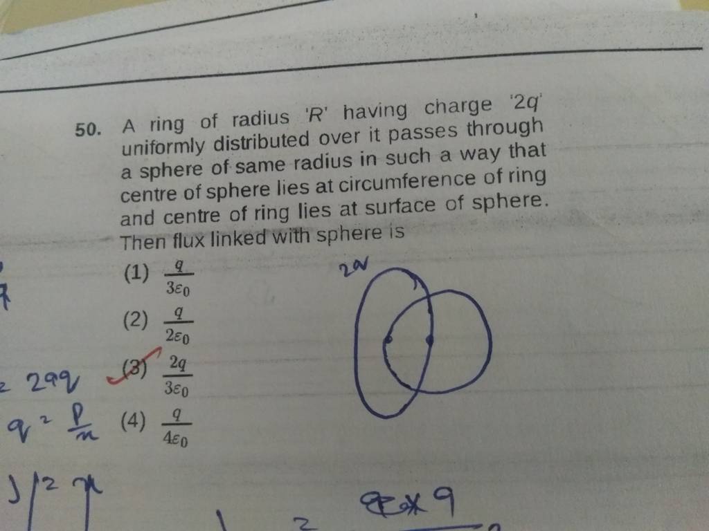 50. A ring of radius ' R ' having charge ' 2q ' uniformly distributed ove..