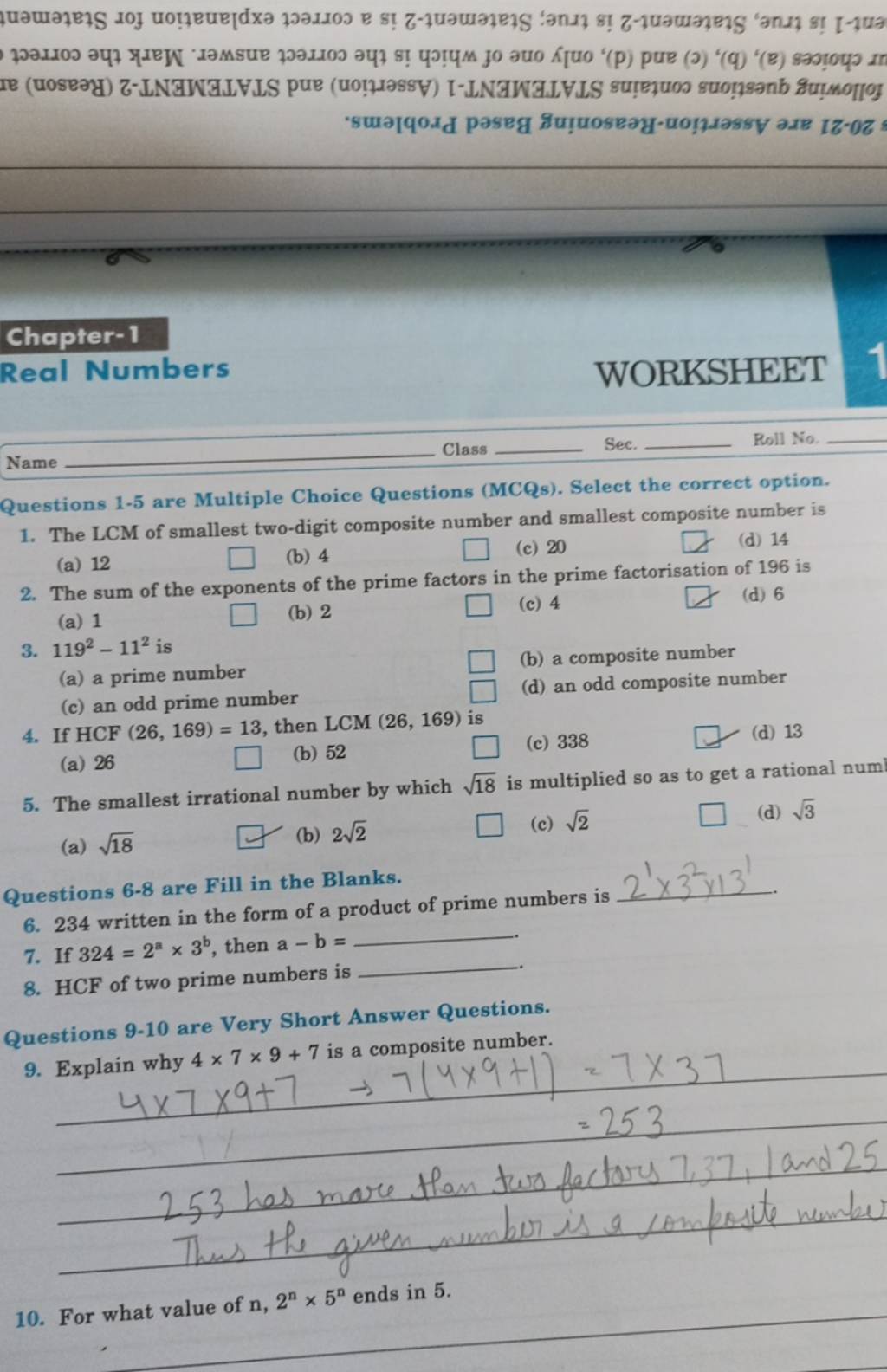 Chapter-1 Real Numbers WORKSHEET Name Class Sec. Roll No. Questions 1-5 a..