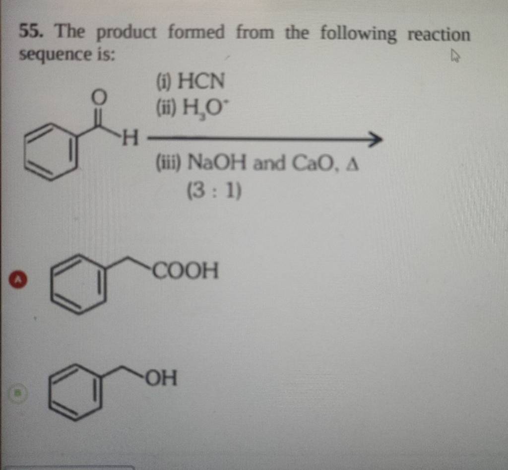 55. The product formed from the following reaction sequence is: (i) HCN O..