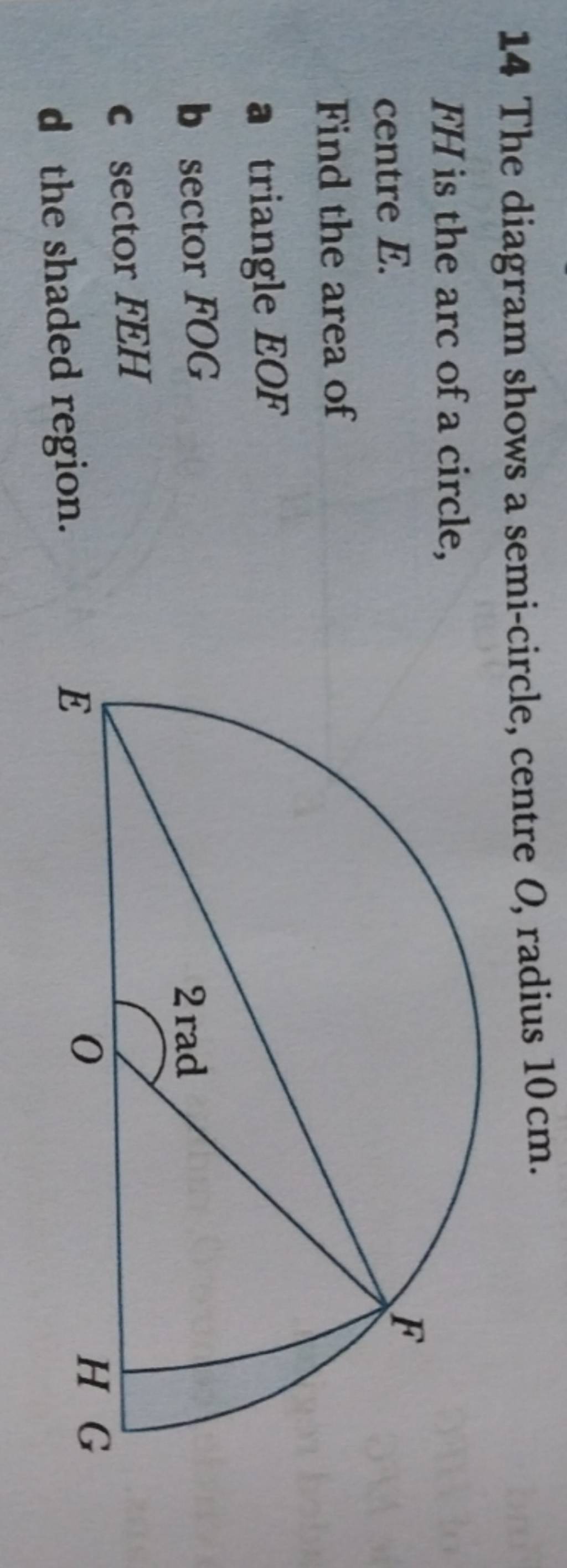14 The diagram shows a semi-circle, centre O, radius 10 cm. FH is the arc..