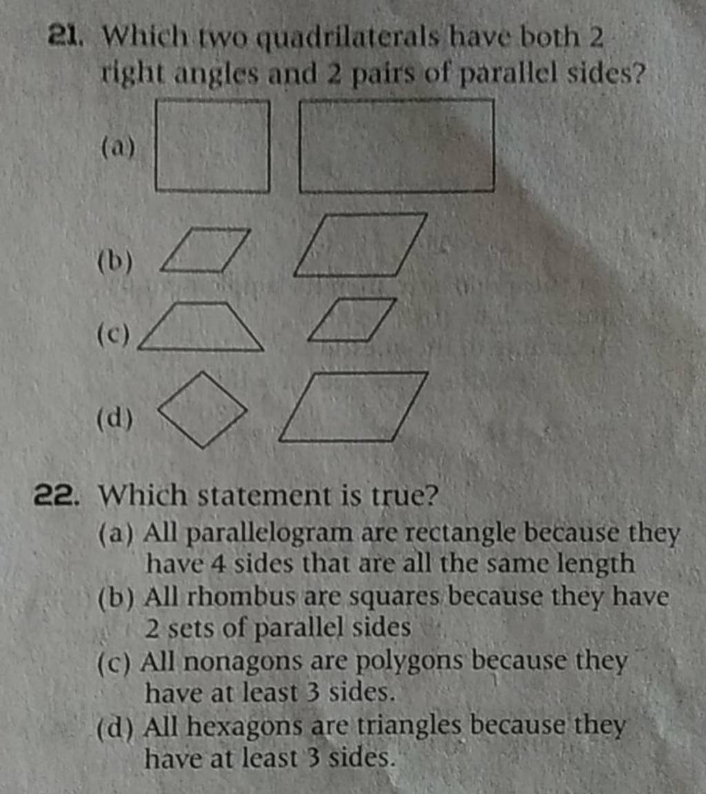 Which two quadrilaterals have both 2 right angles and 2 pairs of parallel..
