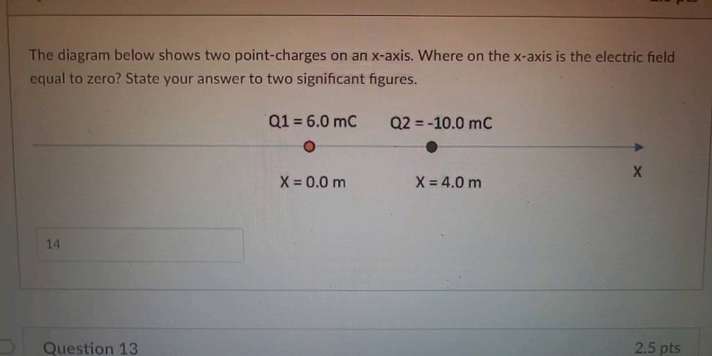 The diagram below shows two point-charges on an x-axis. Where on the x-ax..