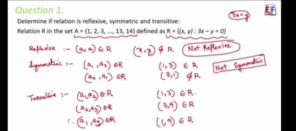 Question 1. Determine if relation is reflexive, symmetric and transitive:..