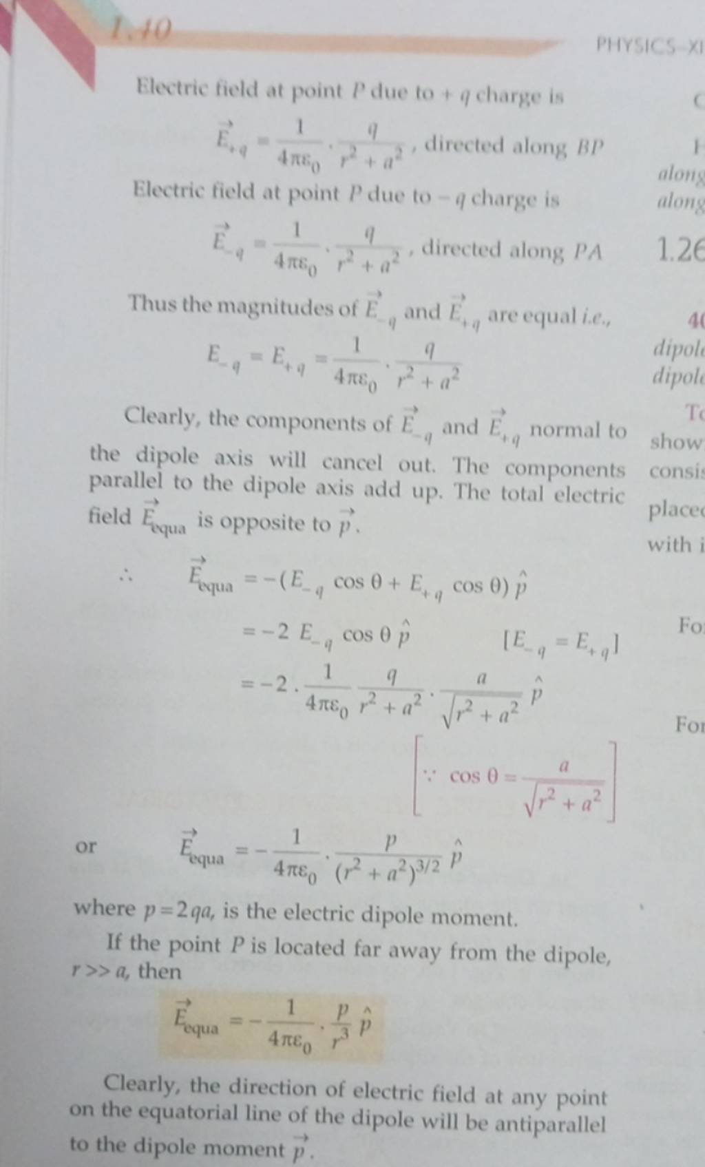 1,10 PHYSICS xI Electric field at point P due to +q charge is E+q =4πε0 1..