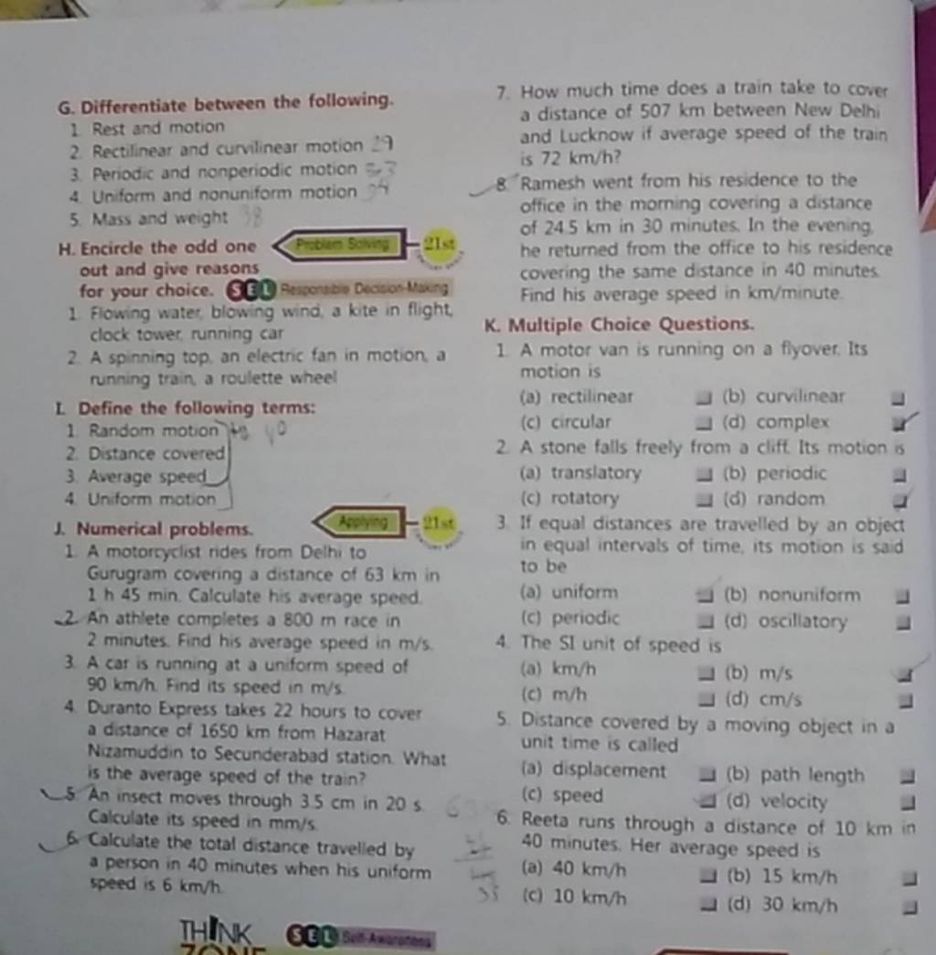 G. Differentiate between the following. 1 Rest and motion 2. Rectilinear