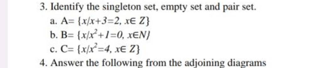 3. Identify the singleton set, empty set and pair set. | Filo