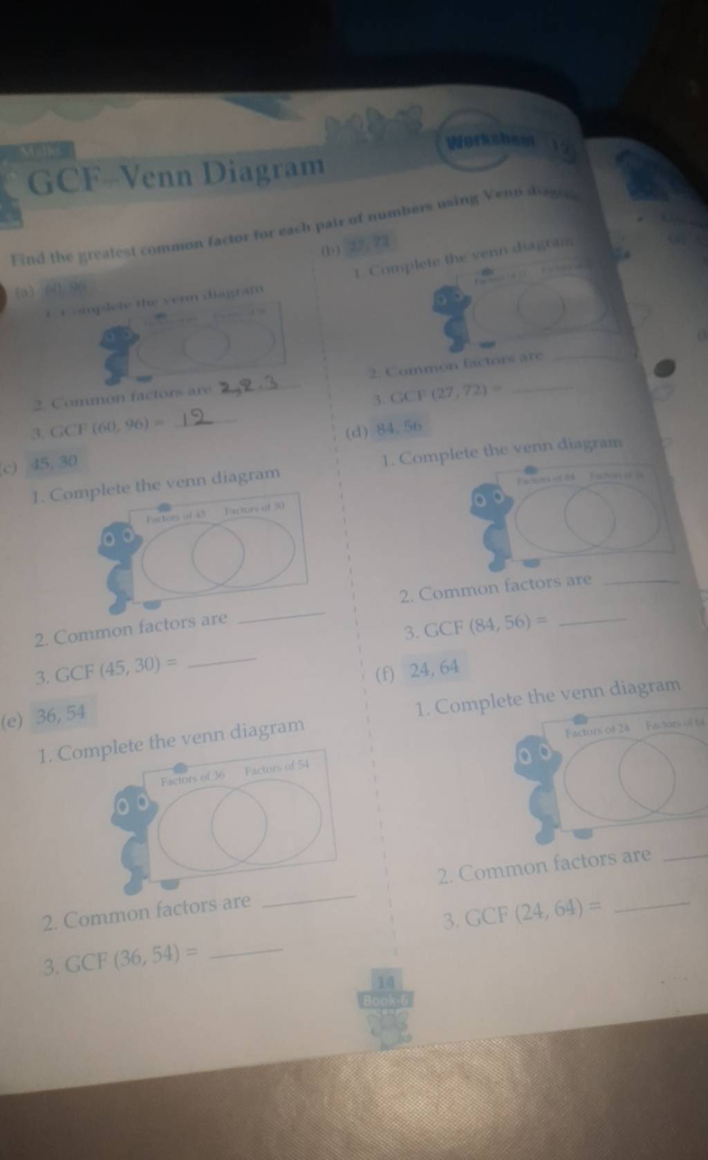 GCF Venn Diagram Find The Greatest Common Factor For Each Pair Of Numbers 