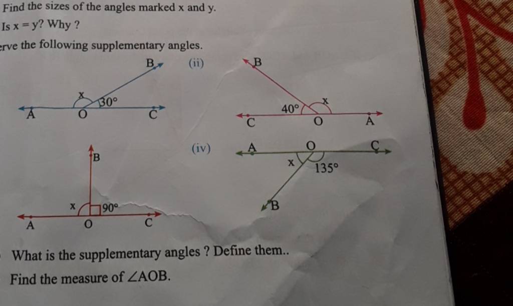 Find the sizes of the angles marked x and y. Is x=y ? Why ? erve the foll..