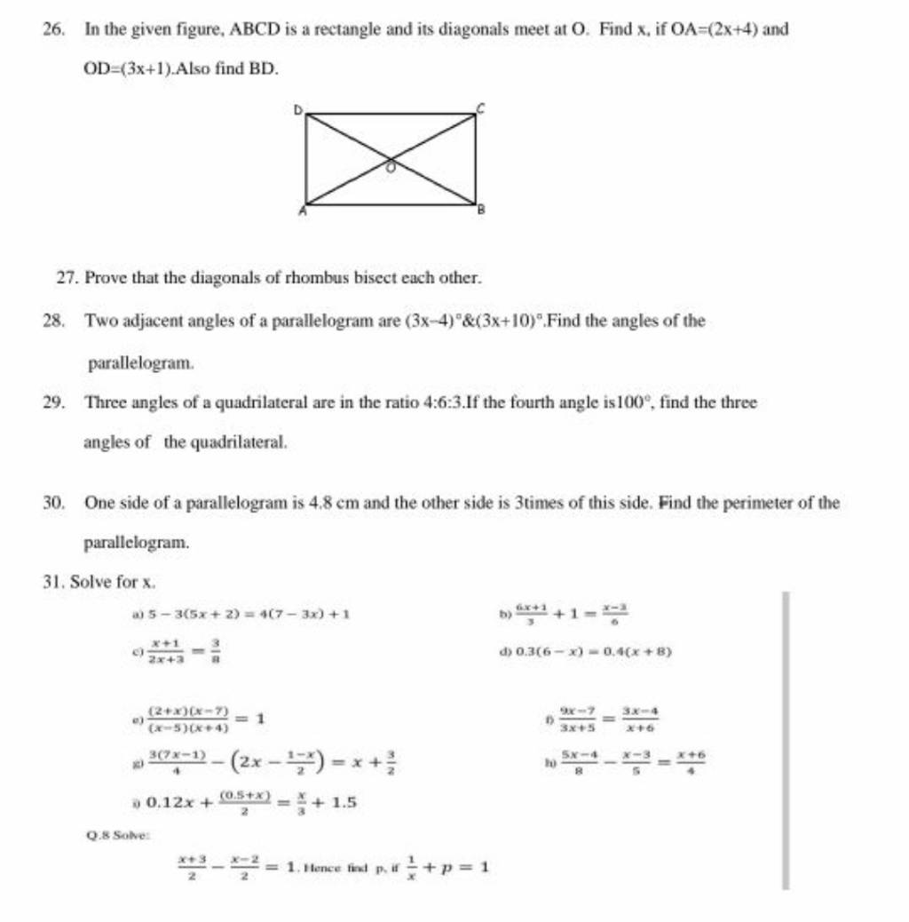 26. In the given figure, ABCD is a rectangle and its diagonals meet at O...