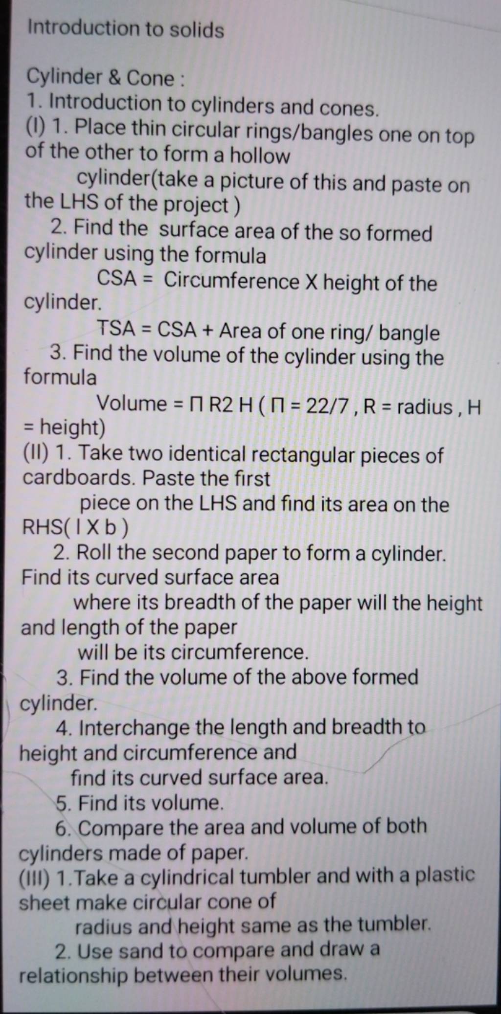 Introduction to solids Cylinder \& Cone : 1. Introduction to cylinders an..