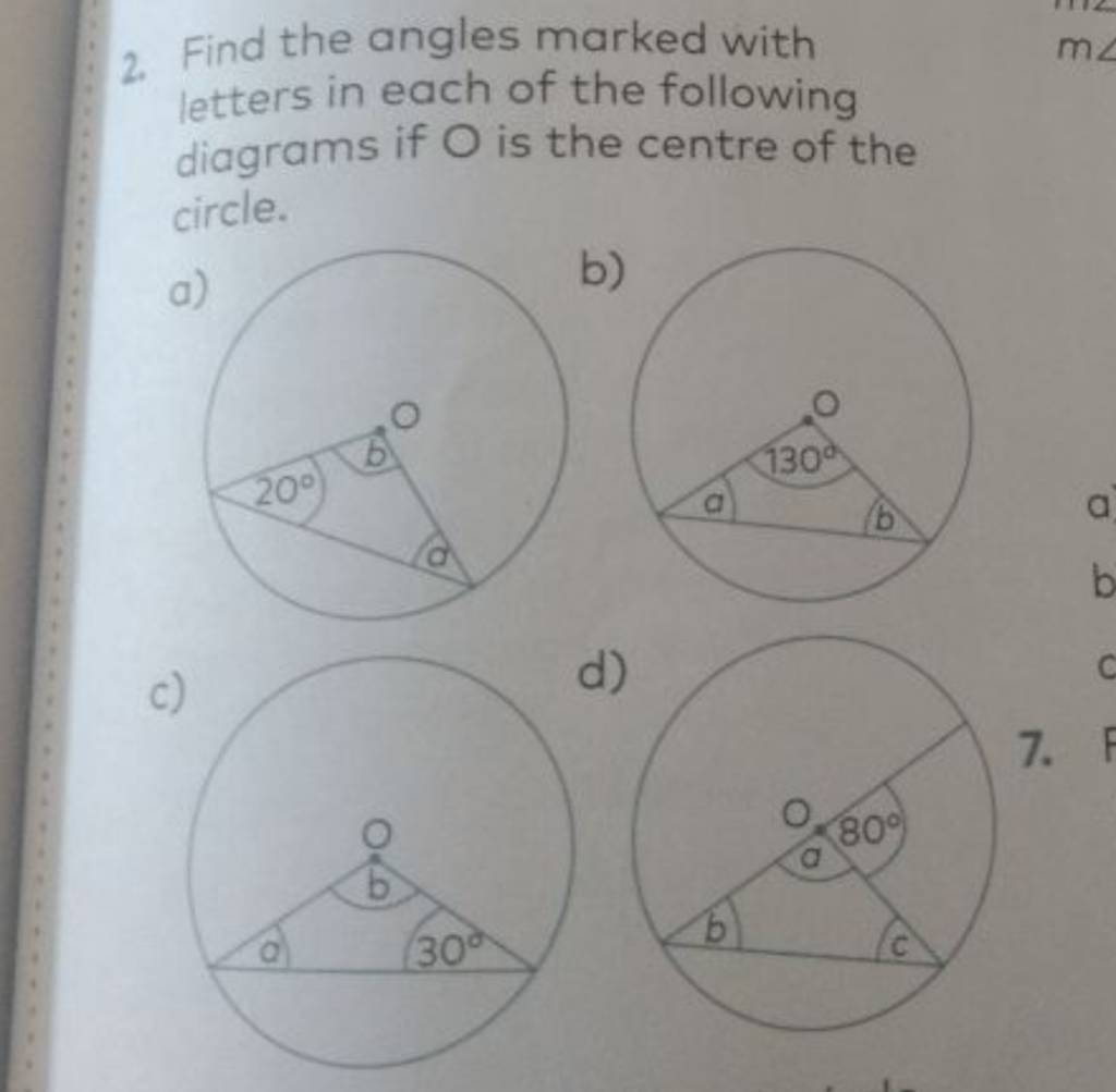 Find the angles marked with letters in each of the following diagrams if