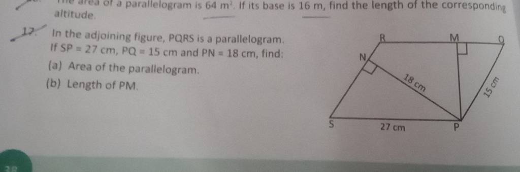 altitude 12. In the adjoining figure, PQRS is a parallelogram. If SP=27 c.. altitude 12. In the adjoining figure, PQRS is a parallelogram. If SP=27 c..