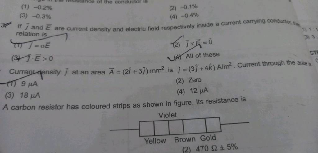 A carbon resistor has coloured strips as shown in figure. Its resistance