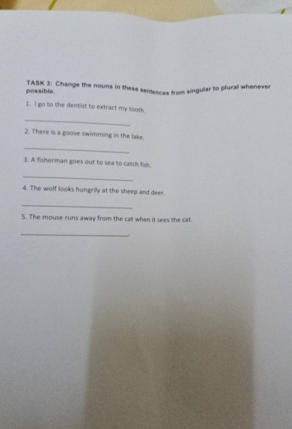 TASK 3: Change the nouns in these sentences from singular to plural whene..