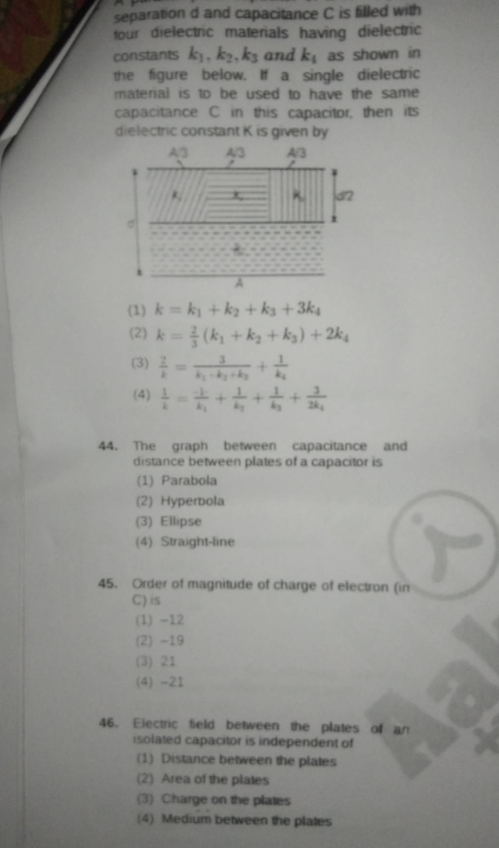 The graph between capacitance and distance between plates of a capacitor