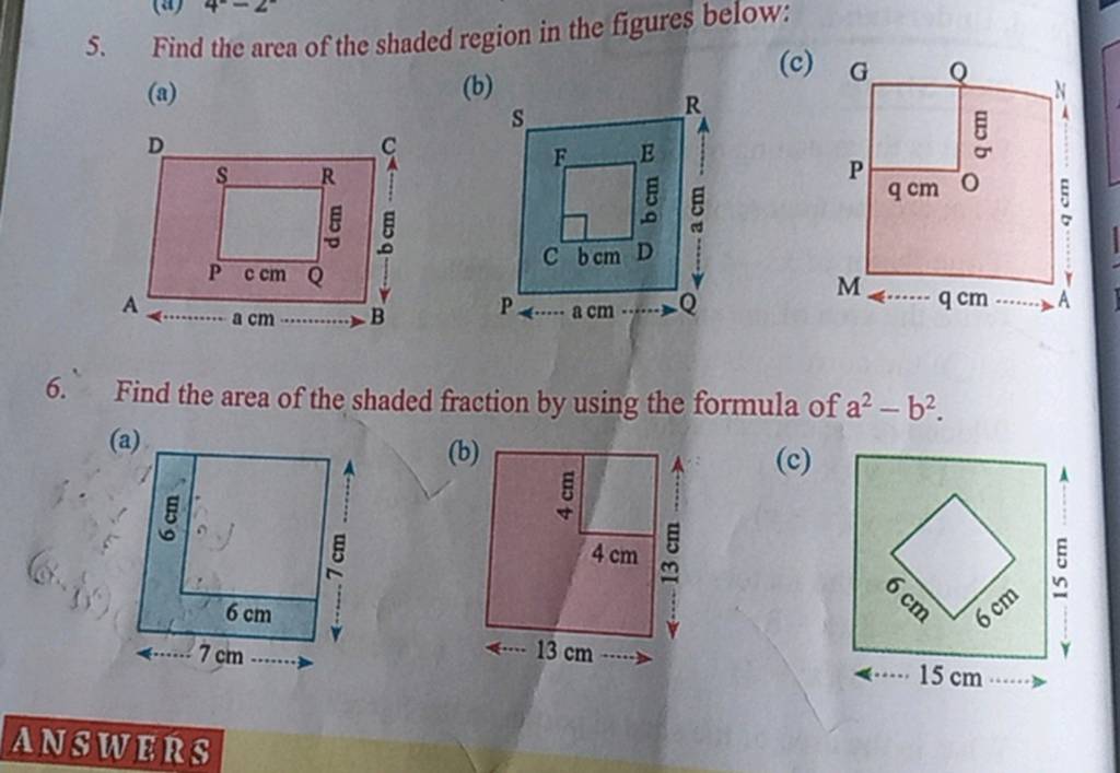 5. Find the area of the shaded region in the figures below: (a) (b) (c) 6..