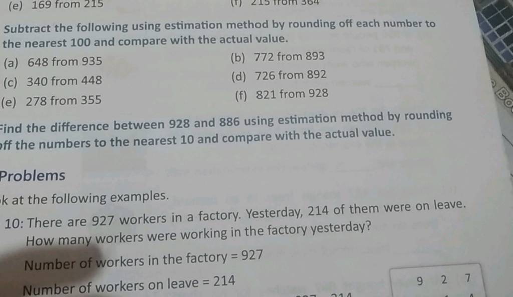 Subtract the following using estimation method by rounding off each numbe..