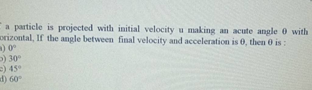 a particle is projected with initial velocity u making an acute angle θ w..