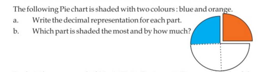 The following Pie chart is shaded with two colours: blue and orange. a. W.. The following Pie chart is shaded with two colours: blue and orange. a. W..