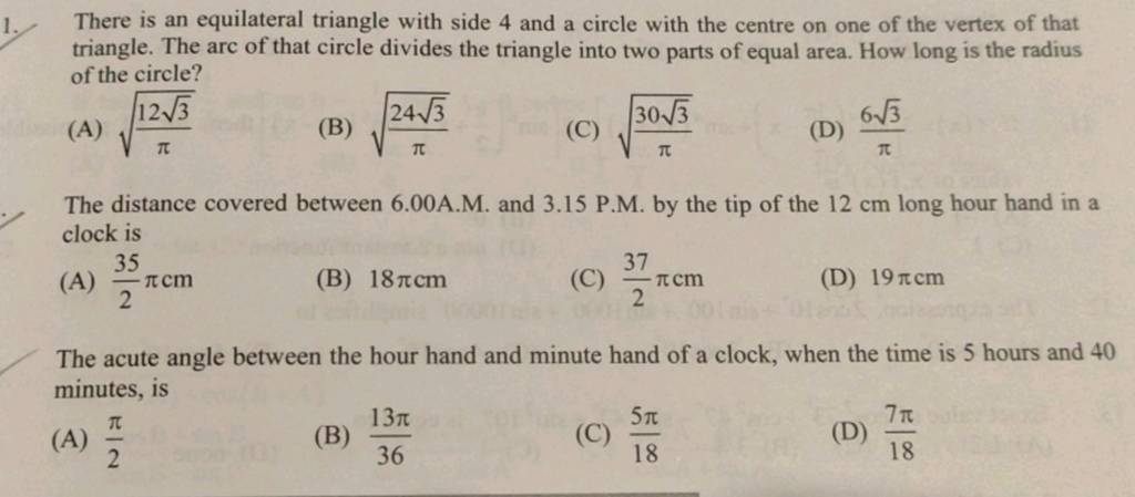 The acute angle between the hour hand and minute hand of a clock, when th..