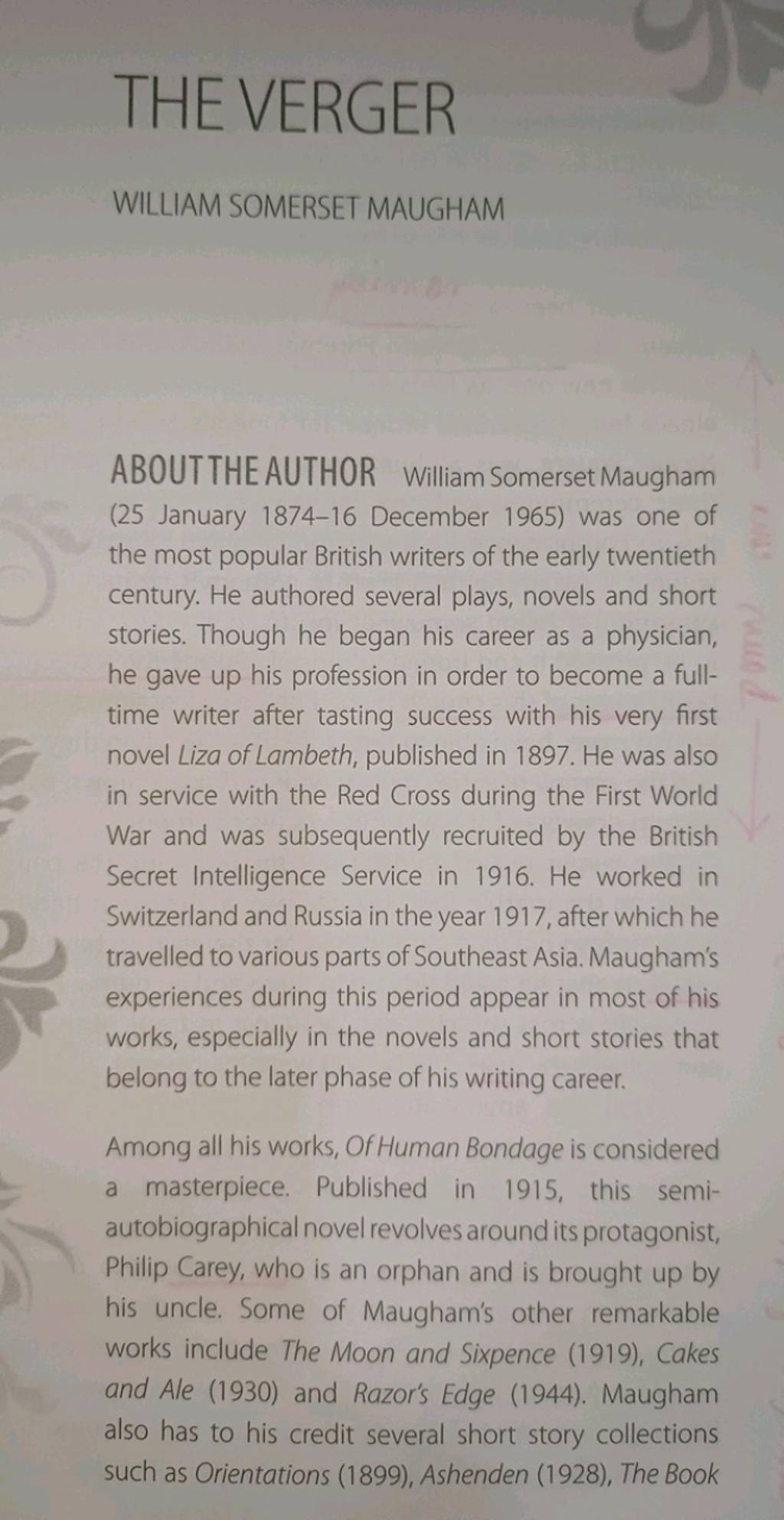 THE VERGER WILLIAM SOMERSET MAUGHAM ABOUTTHE AUTHOR William Somerset Maug..