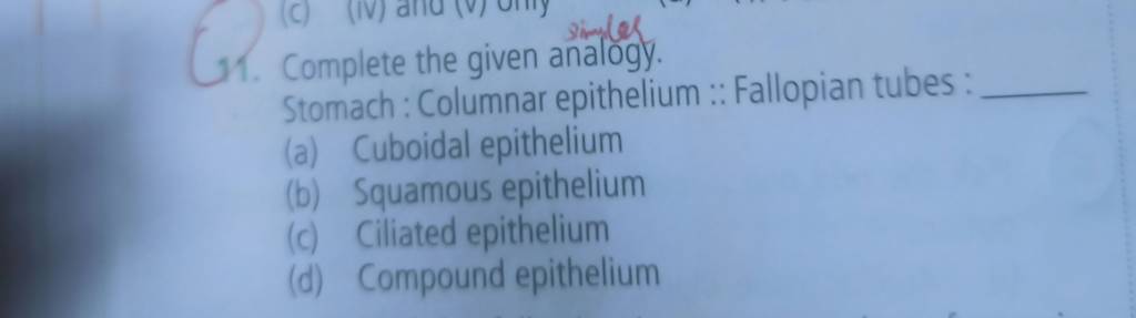 Complete the given analogy. Stomach : Columnar epithelium :: Fallopian tu..