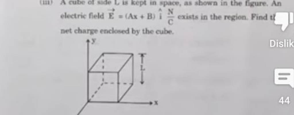(ii) A cube of side L is kept in space, as shown in the fikure. An electr..