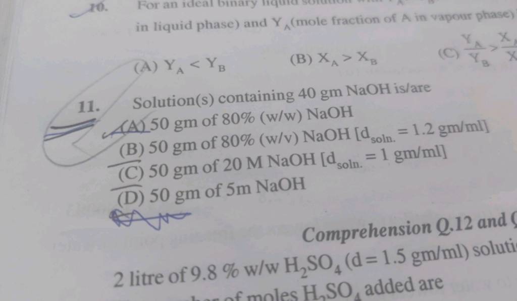 in liquid phase) and YA (mole fraction of A in vapour phase) | Filo