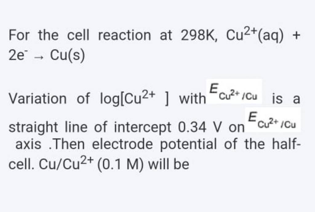 For the cell reaction at 298 K,Cu2+(aq)+ 2e−→Cu(s) Variation of log[Cu2+]..