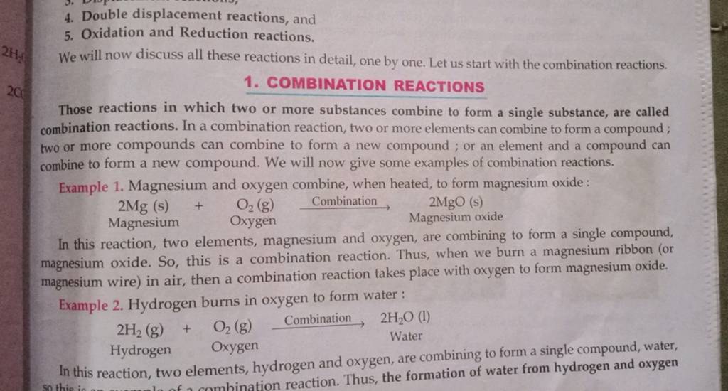4. Double displacement reactions, and 5. Oxidation and Reduction reaction..