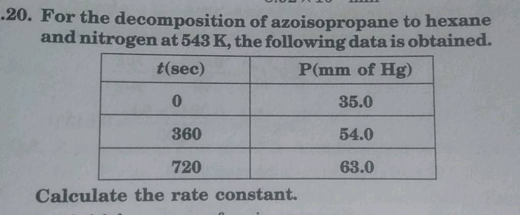 20. For the decomposition of azoisopropane to hexane and nitrogen at 543