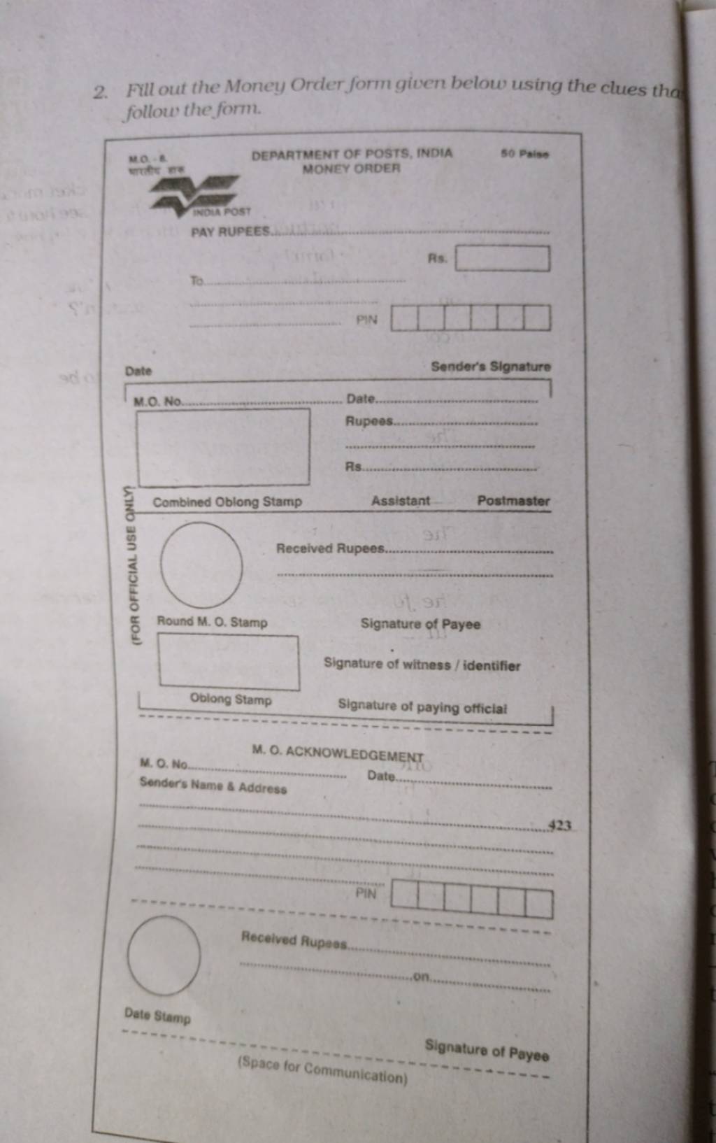 2. Fyll out the Money Order form given below using the clues tha follow t..
