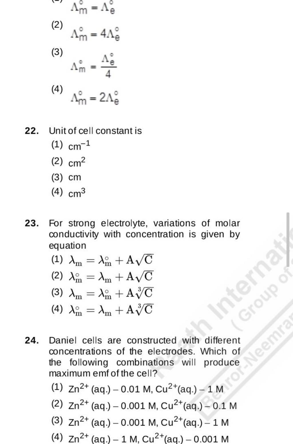 Λm0 =2Λe0 22. Unit of cell constant is | Filo