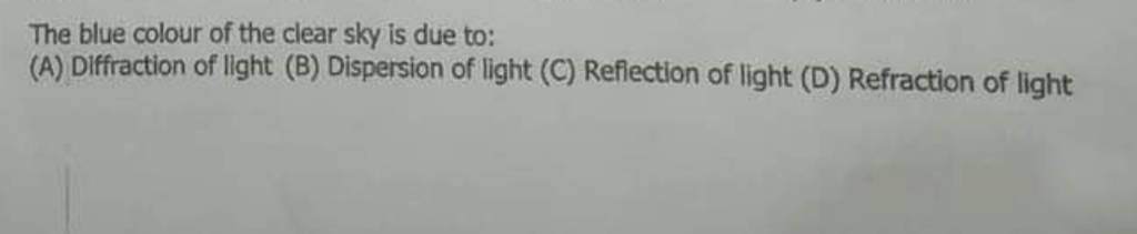 The blue colour of the clear sky is due to: (A) Diffraction of light (B)