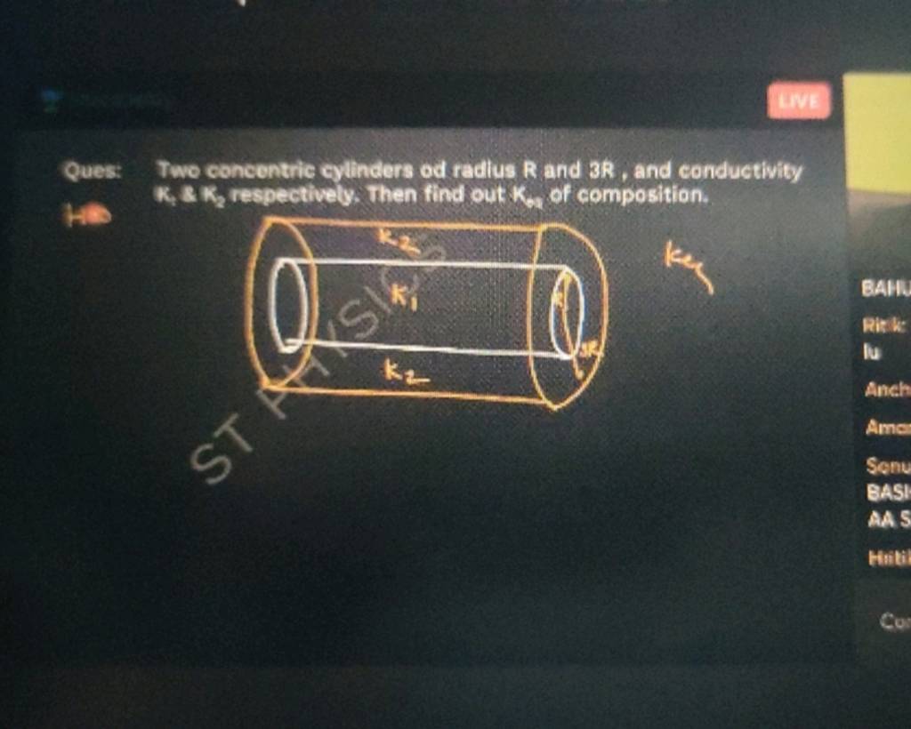 Ques: LIVE Two concentric cylinders od radius R and 3R, and conductivity