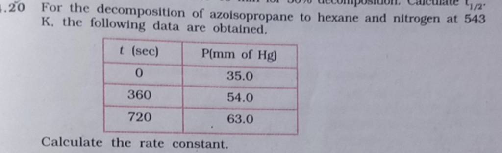 20 For the decomposition of azoisopropane to hexane and nitrogen at 543 K..