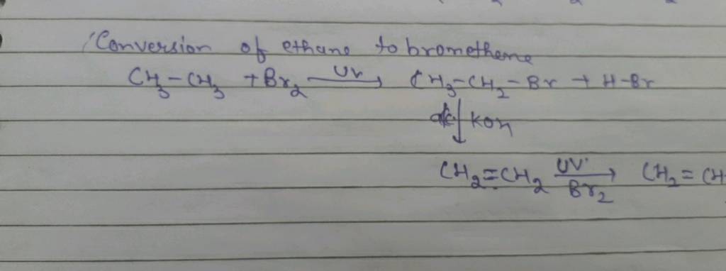 Conversion of ethane to bromethene CH3 −CH3 +Br2 Ur CH3 −CH2 −Br+H−Br af..