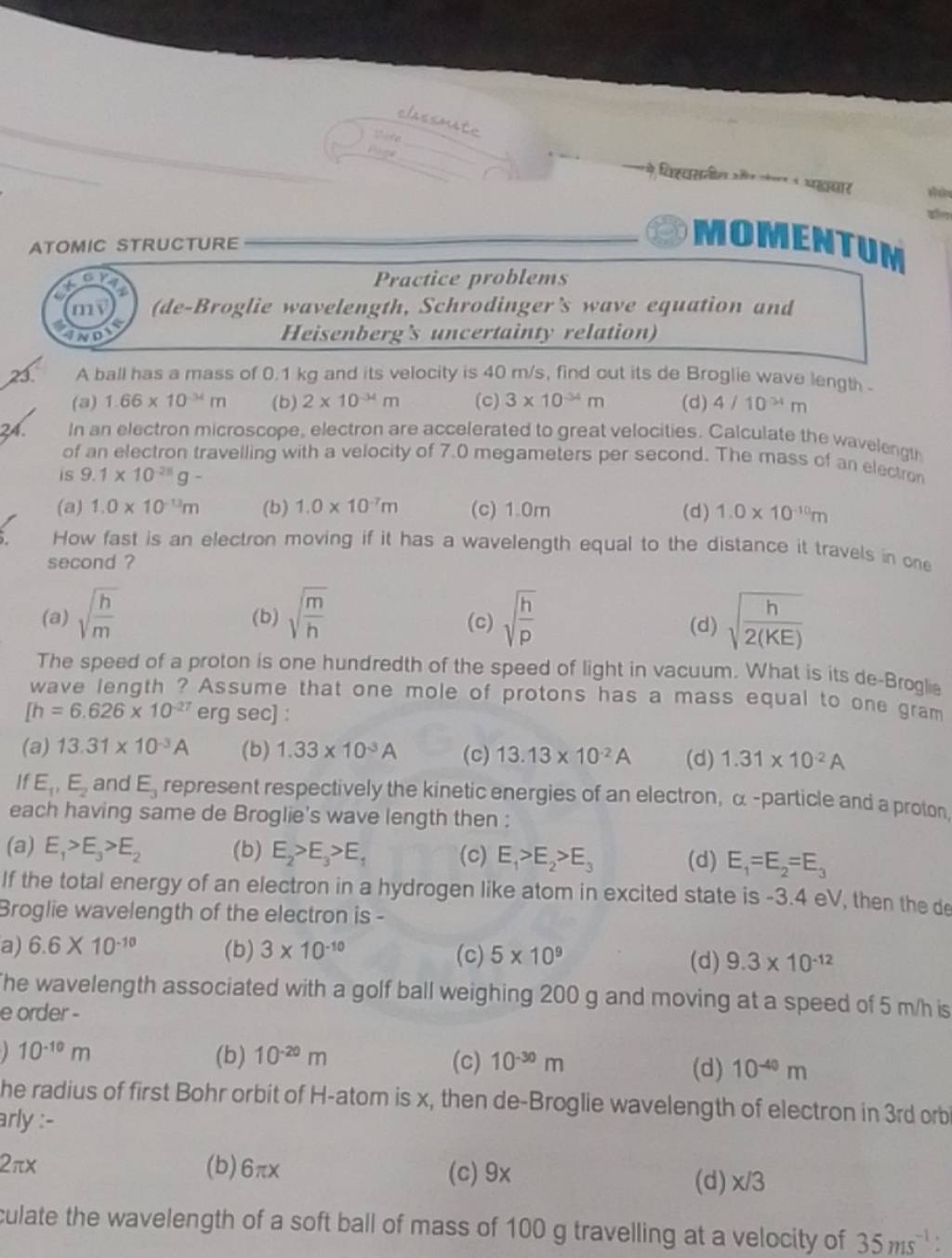 ATOMIC STRUCTURE (8) MOMEENTUM Practice problems (de-Broglie wavelength,
