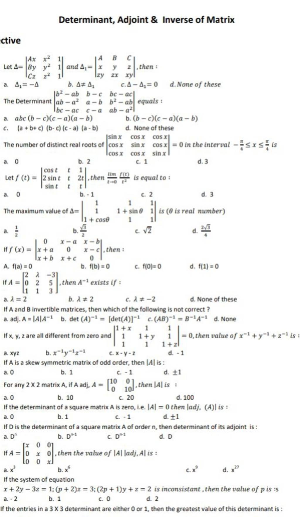 The Determinant ∣∣ b2−abab−a2bc−ac b−ca−bc−a bc−acb2−abab−a2 ∣∣ equals