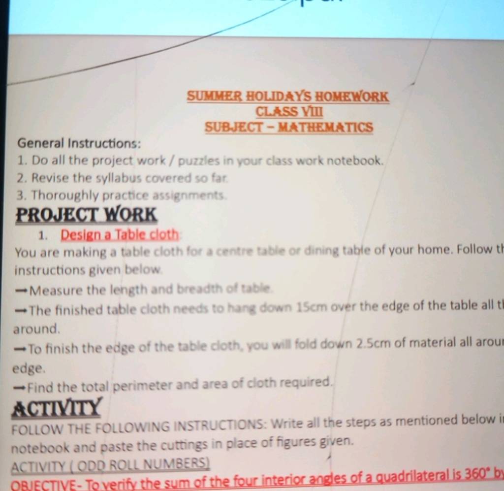 Summer Holidays Homework Class Viii Subject Mathematics General Instruc