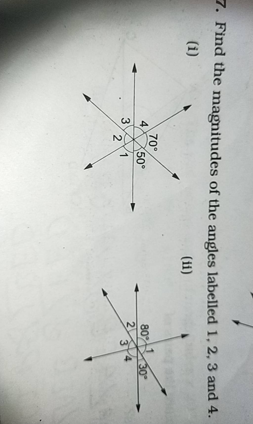 7. Find the magnitudes of the angles labelled 1,2,3 and 4 . (i) (ii)