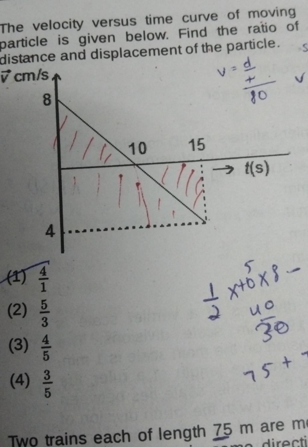 The velocity versus time curve of moving particle is given below. Find th..